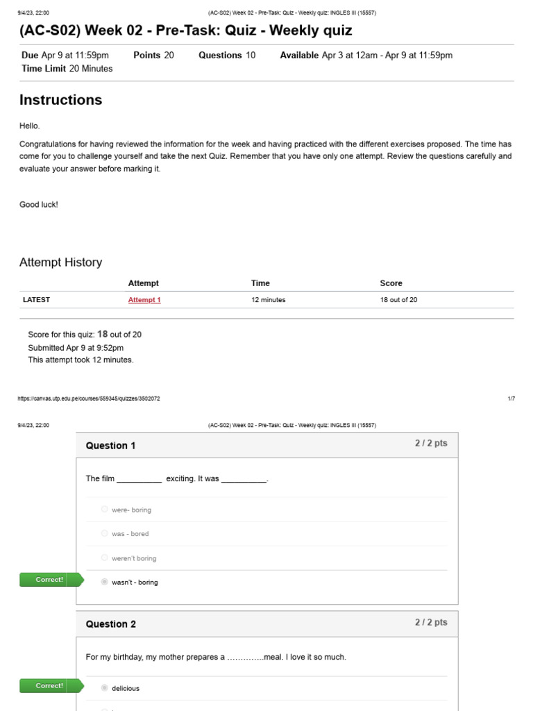 (AC-S02) Week 02 - Pre-Task - Quiz - Weekly Quiz - INGLES III (15557) | PDF