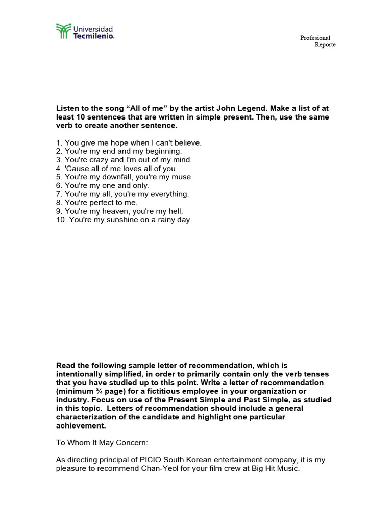 Practice Topic 1 All of Me, and Homework.... Letter of Recommendation... | PDF | Language Arts ...