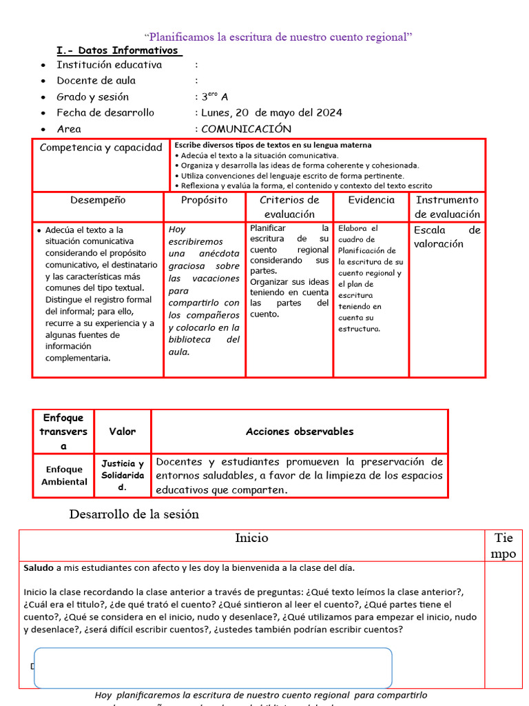 Sesion Com-Planificamos La Escritura de Nuestro Cuento | PDF ...