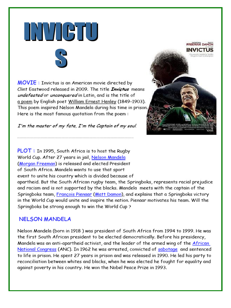 Invictus Movie Reading Comprehension Exercises Tests Video Movie ...