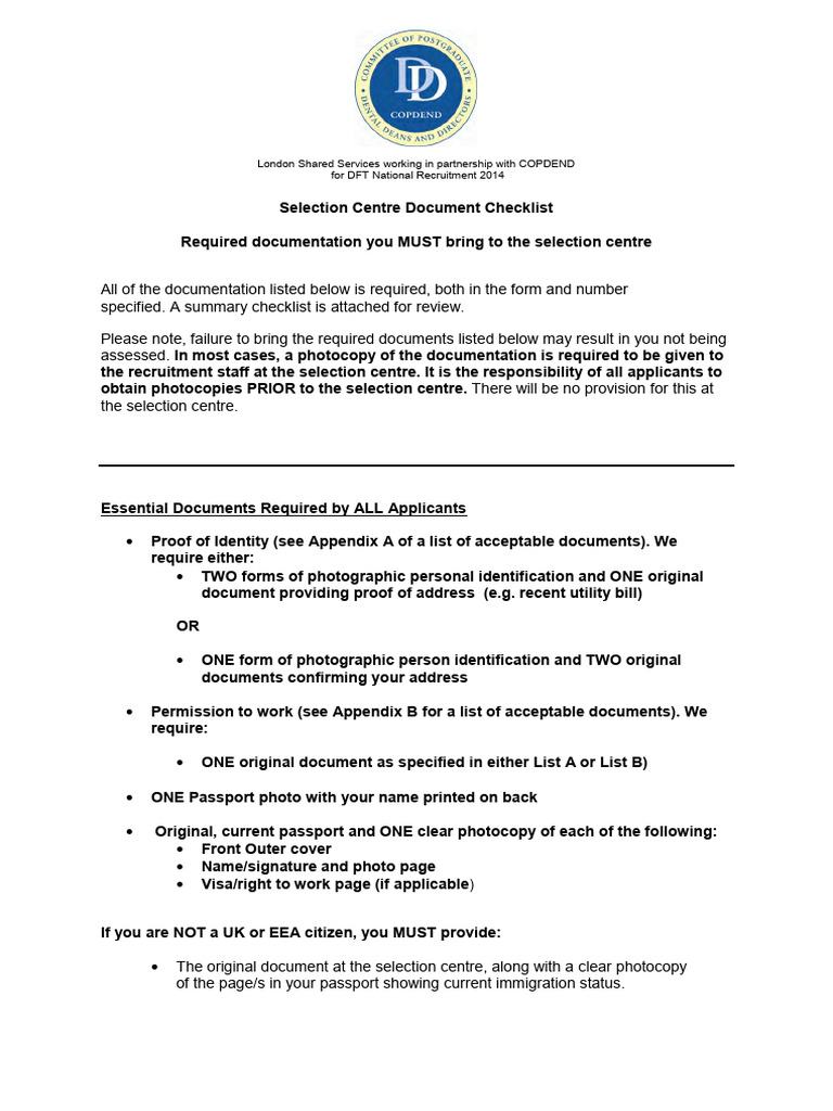 Selection Centre Document Checklist | Download Free PDF | Identity Document | Passport