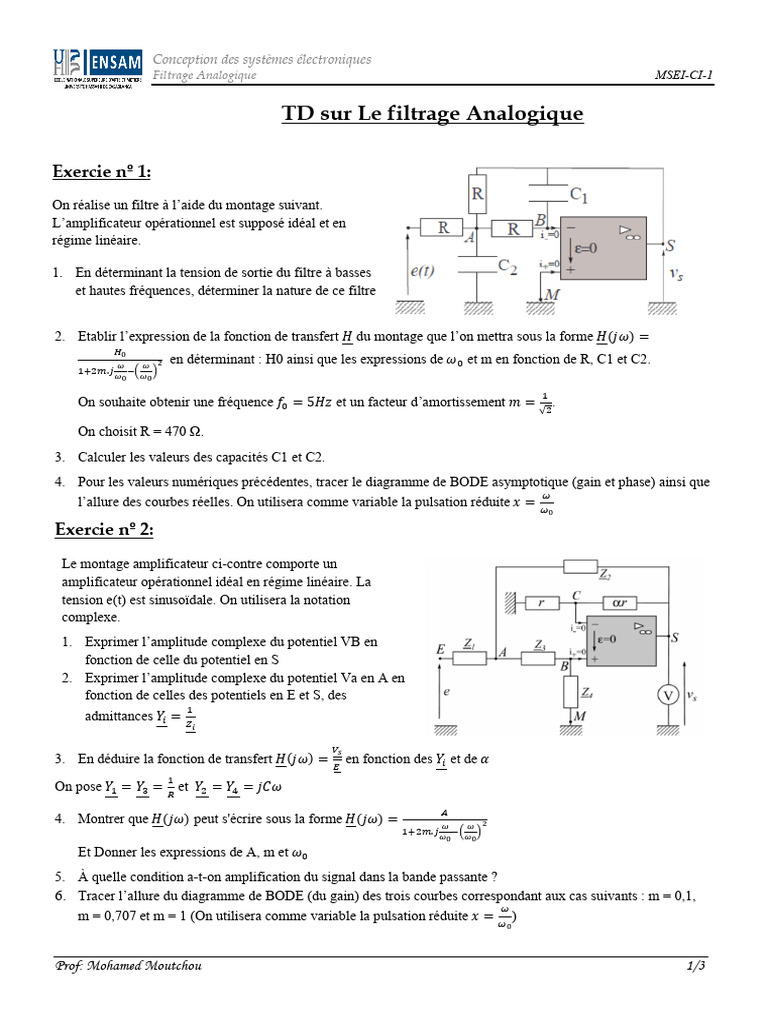 Exercices sur le Filtrage Analogique | PDF | Filtre (électronique ...