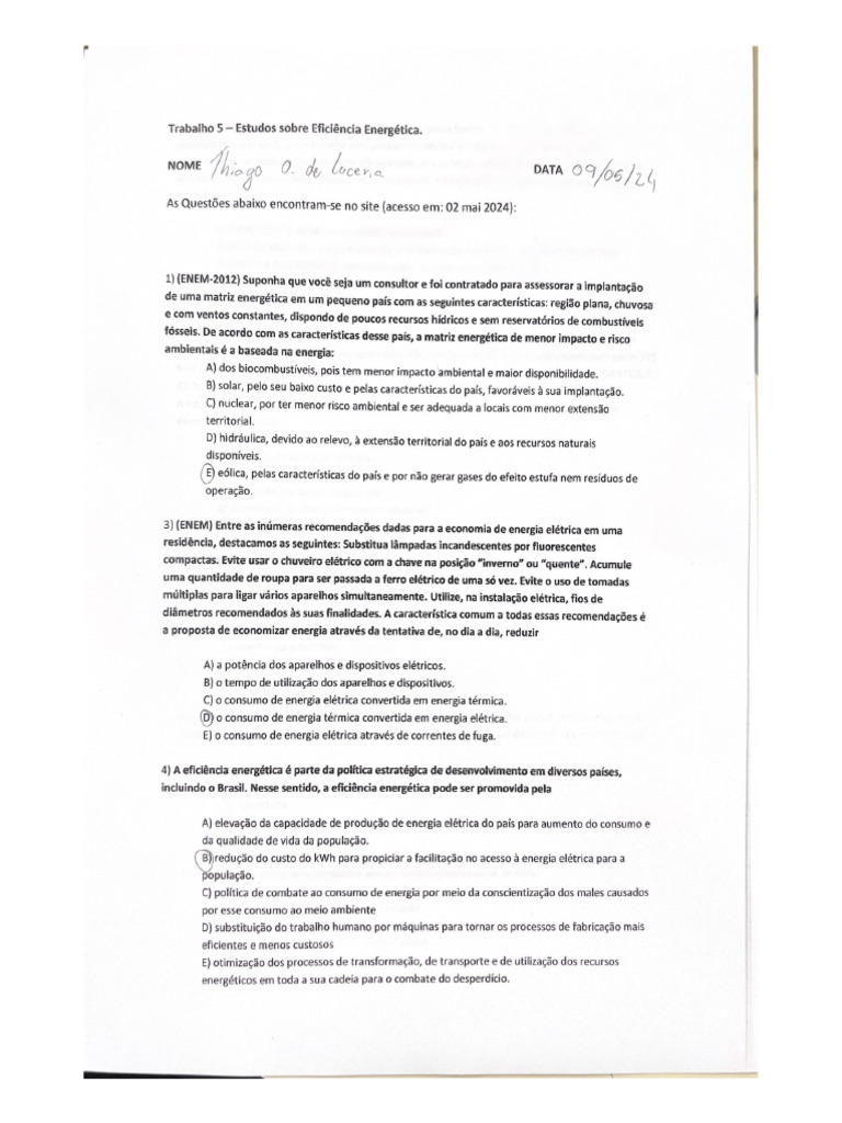 Trabalho 5 - Estudos Sobre Eficiência Energética. | PDF