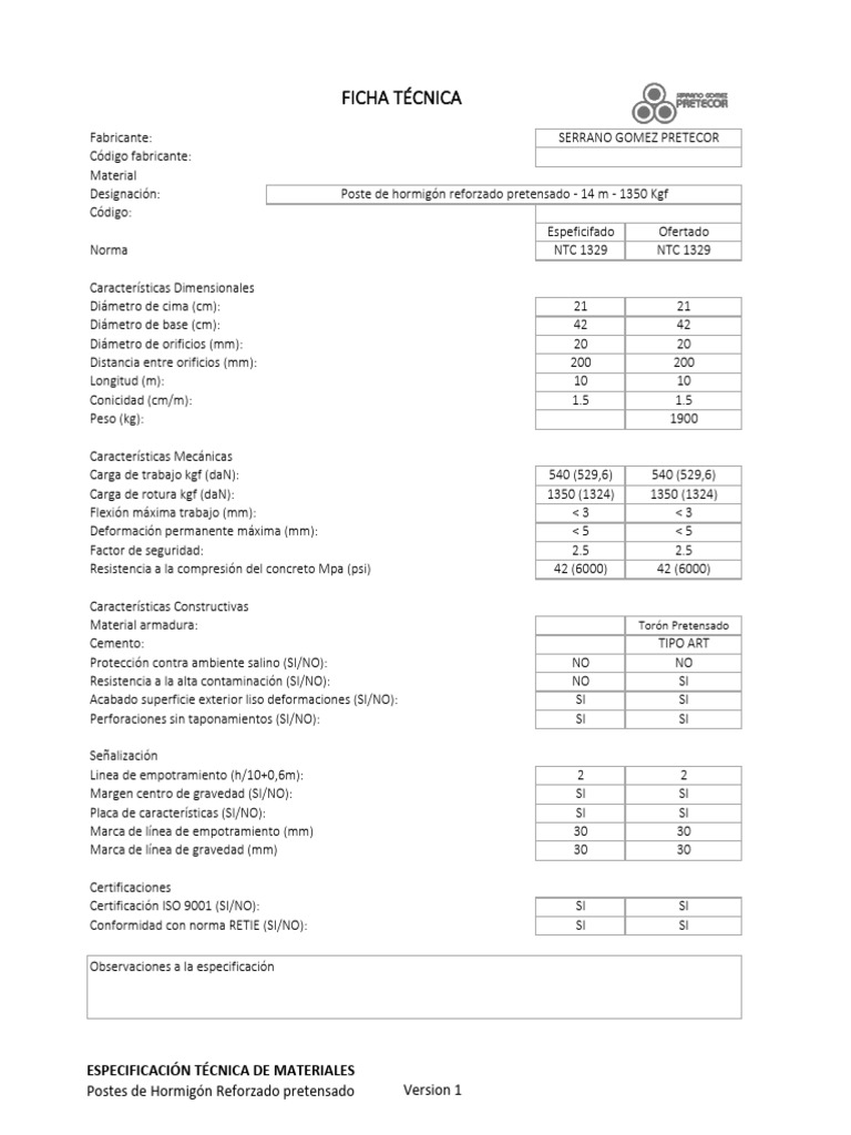 Ficha técnica poste hormigón 14 m | PDF | Materiales de construcción ...