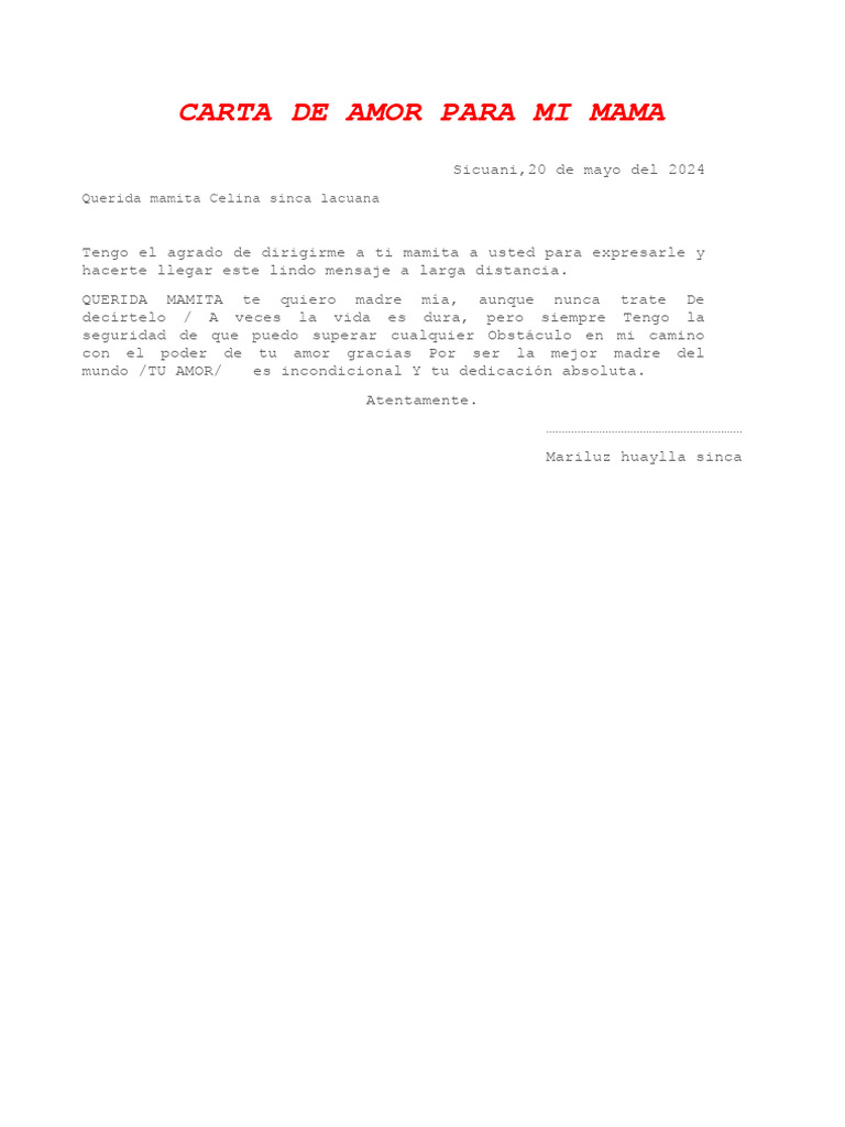 Carta De Amor Para Mi Mama Mariluz Pdf