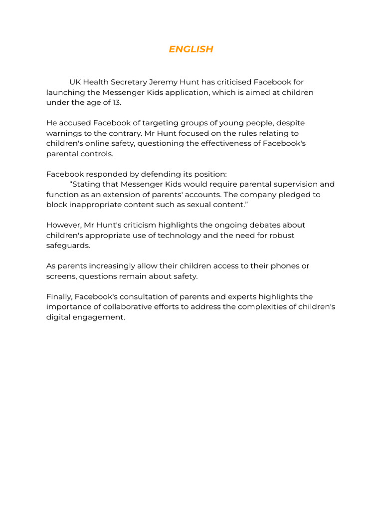 Jeremy Hunt Attacks Facebook Over App Aimed at Children | PDF