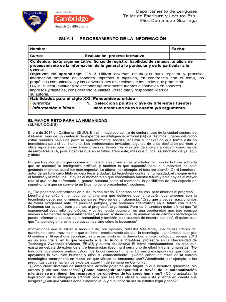 Guía 1 Electivo Taller de Escritura y Lectura Esp. - Profesora ...