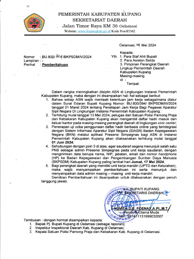 Surat Pemberitahuan Disiplin Pem. Kab. Kupang 14 Mei 2024 | PDF