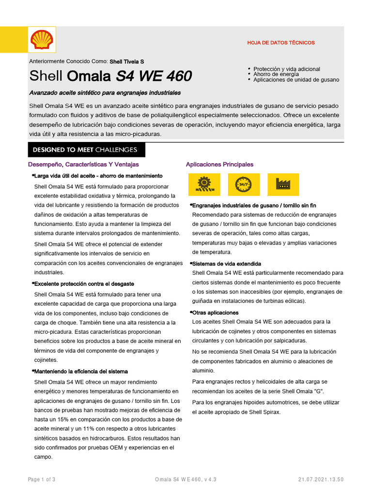 Shell Omala S4 We 460 | PDF | Engranaje | Lubricante