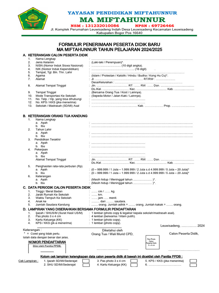 Formulir MA Miftahunnur 2024 | PDF
