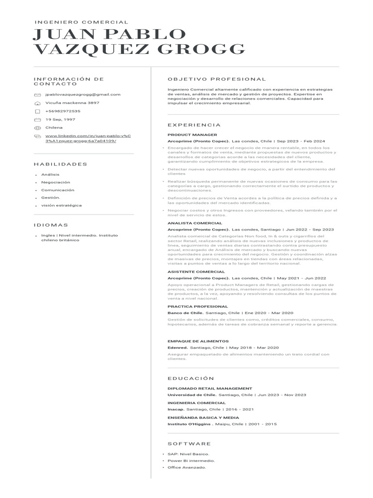Juan Pablo Vazquez CV | Descargar gratis PDF | Chile | Economias