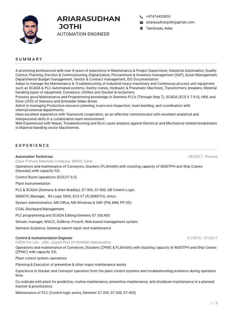 ARIARASUDHAN JOTHI - AUTOMATION ENGINEER - Resume | Download Free PDF | Programmable Logic ...