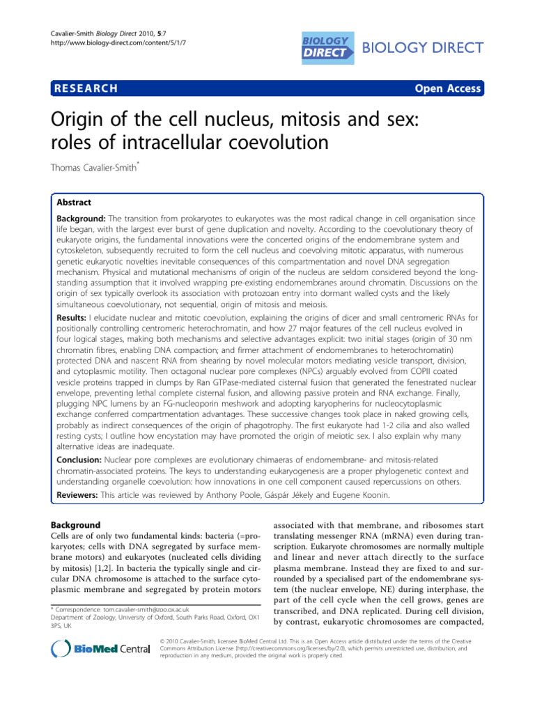 Origin Of The Cell Nucleus Mitosis And Sex Roles Of Intracellular Coevolution Pdf Cell 