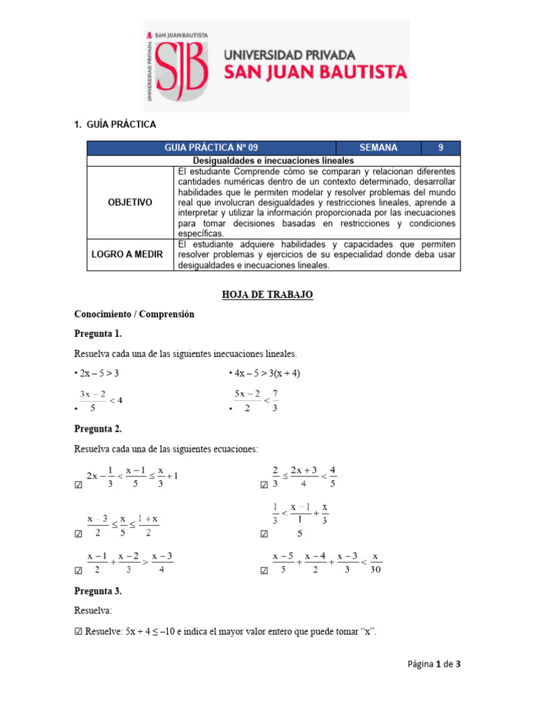 Guia de Ejercicios Semana 9 | PDF Guia de Ejercicios Semana 9 | PDF