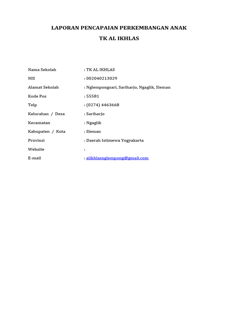 Laporan Pencapaian Perkembangan Anak TK Al Ikhlas | PDF | Kesehatan Holistik