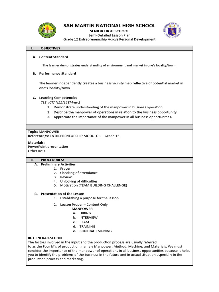 LP Cot Entrep | PDF | Learning | Teachers