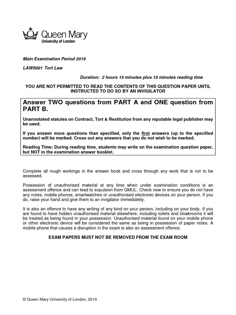 2019 - LAW5001 Tort Law Exam Paper | PDF