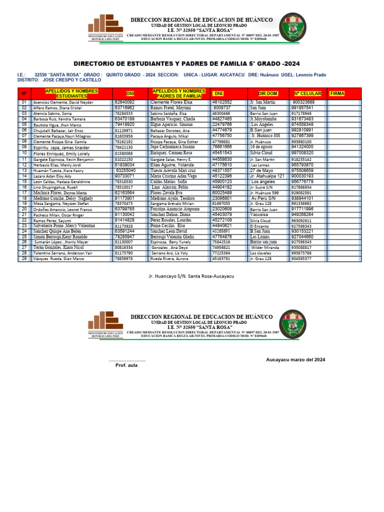 Directorio Estudiantes 5° Grado 2024 | PDF