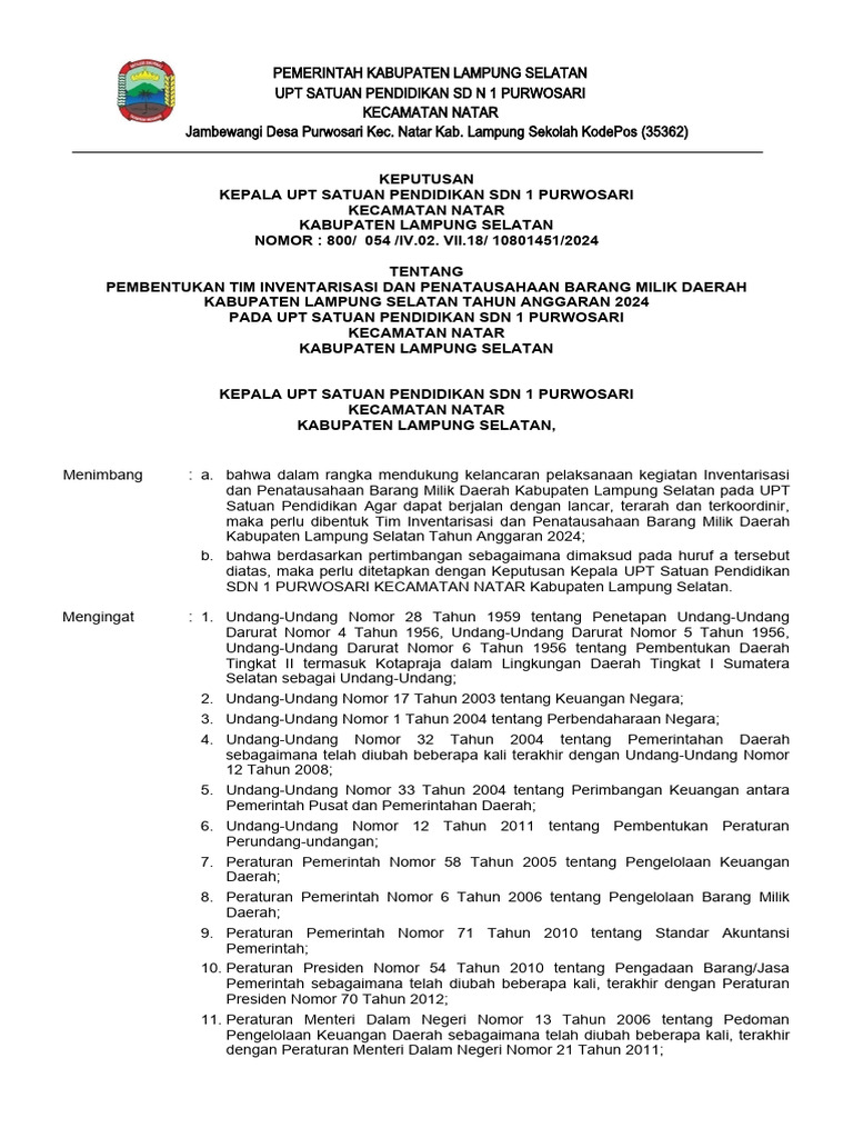 SK Tim Bos Inventarisasi Aset PPDB SDN 4 Sukadamai 2023 Baru | PDF