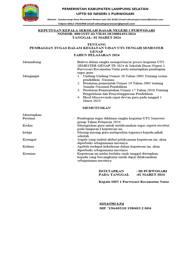 Surat Tugas Uts Semester Genap | PDF