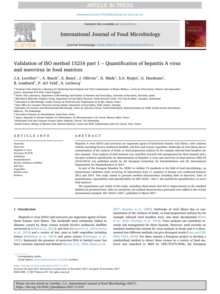 Validation of ISO method 15216 part 1 – Quantification of hepatitis A virus and norovirus in ...