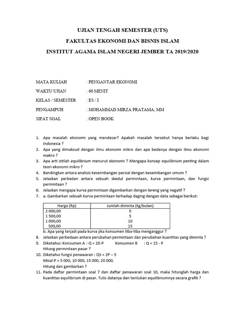 Soal UTS Ekonomi Mikro IAIN Jember | PDF