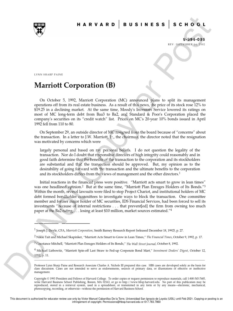 Case Harvard - Marriott Corporation (B) - English Version | PDF | Bonds ...