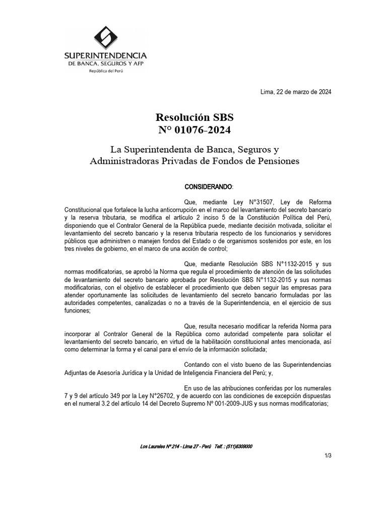 Resolución SBS #01076-2024: La Superintendenta de Banca, Seguros y Administradoras Privadas de ...