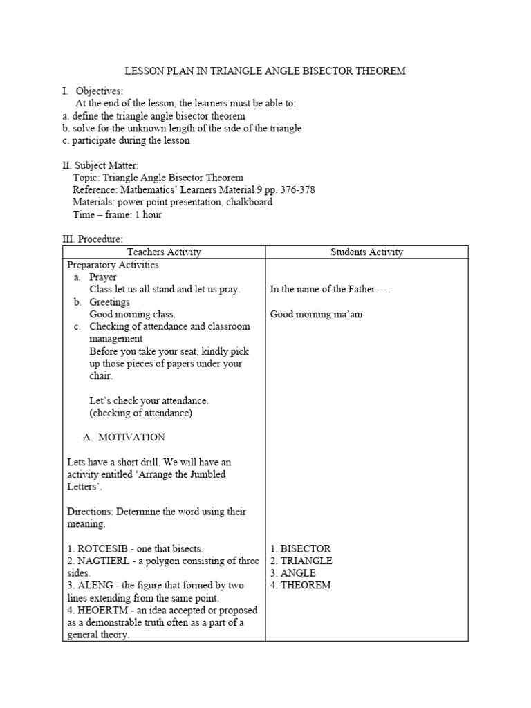 Triangle Angle Bisector Theorem Lesson Plan | PDF | Triangle ...