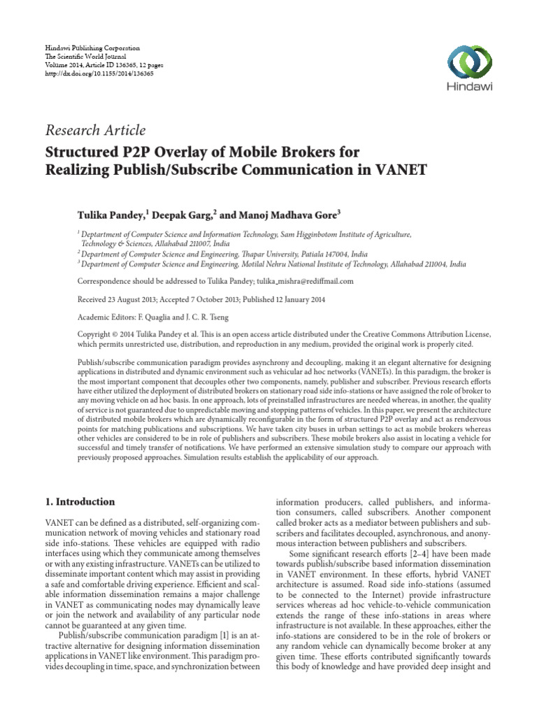 Structured P2P Overlay of Mobile Brokers For Vanet | PDF | Peer To Peer | Computer Network