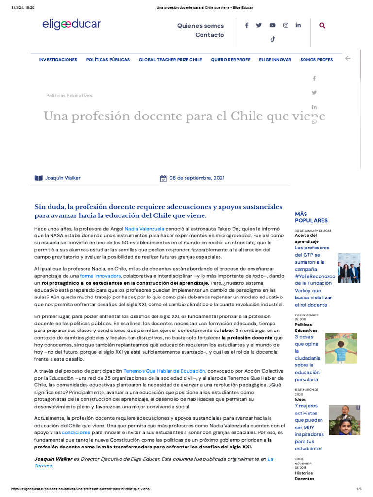 Una Profesión Docente para El Chile Que Viene - Elige Educar | PDF | Maestros | Enseñando