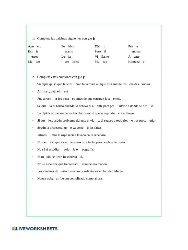 Ejercicios Sobre El Uso de La G y J | PDF