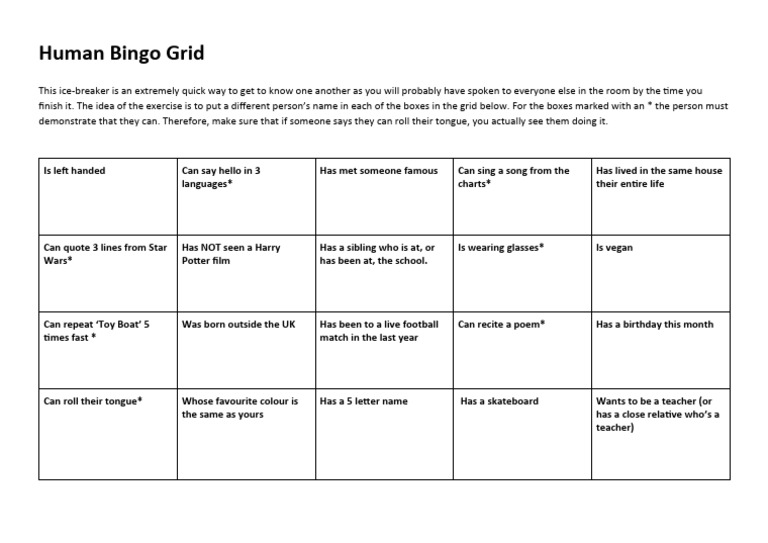 Human Bingo Ice-Breaker Activity | PDF