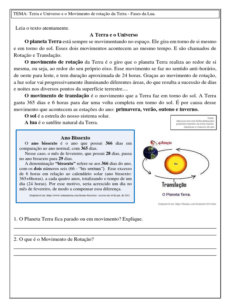 6 Ano - Movimentos Da Terra - Fases Da Lua - Sistema Solar | PDF | Ano | Terra