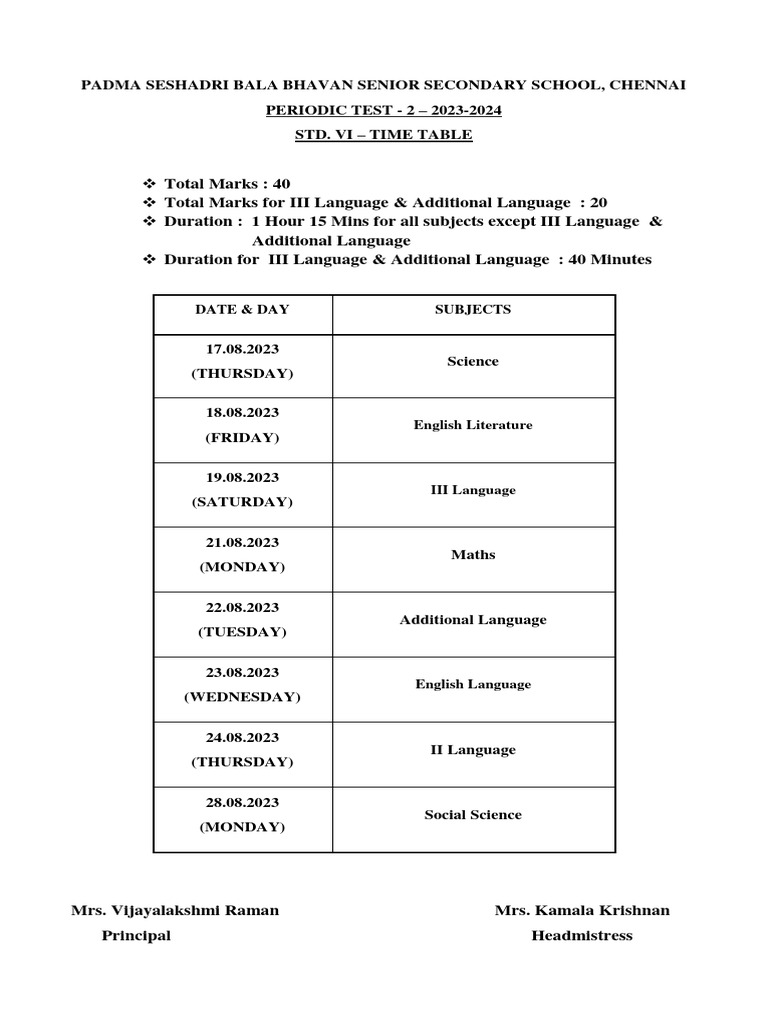 STD - Vi - PT 2 Time Table and Portions | PDF