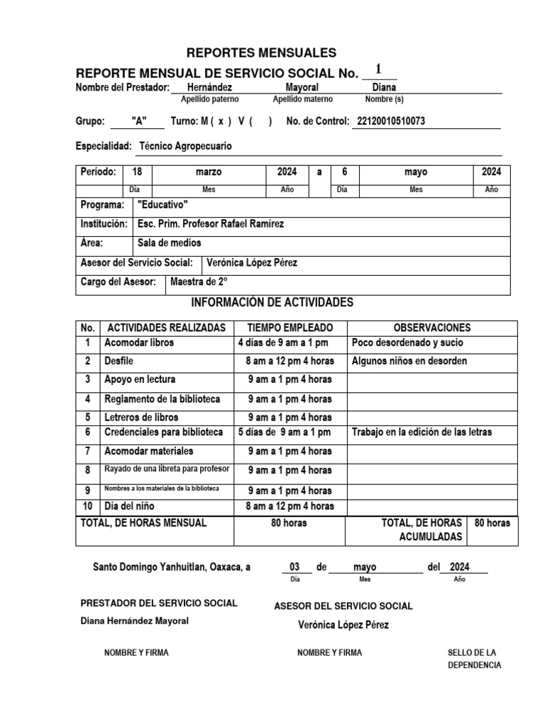 5 REPORTE MENSUAL DE SERVICIO SOCIAL (2) | PDF