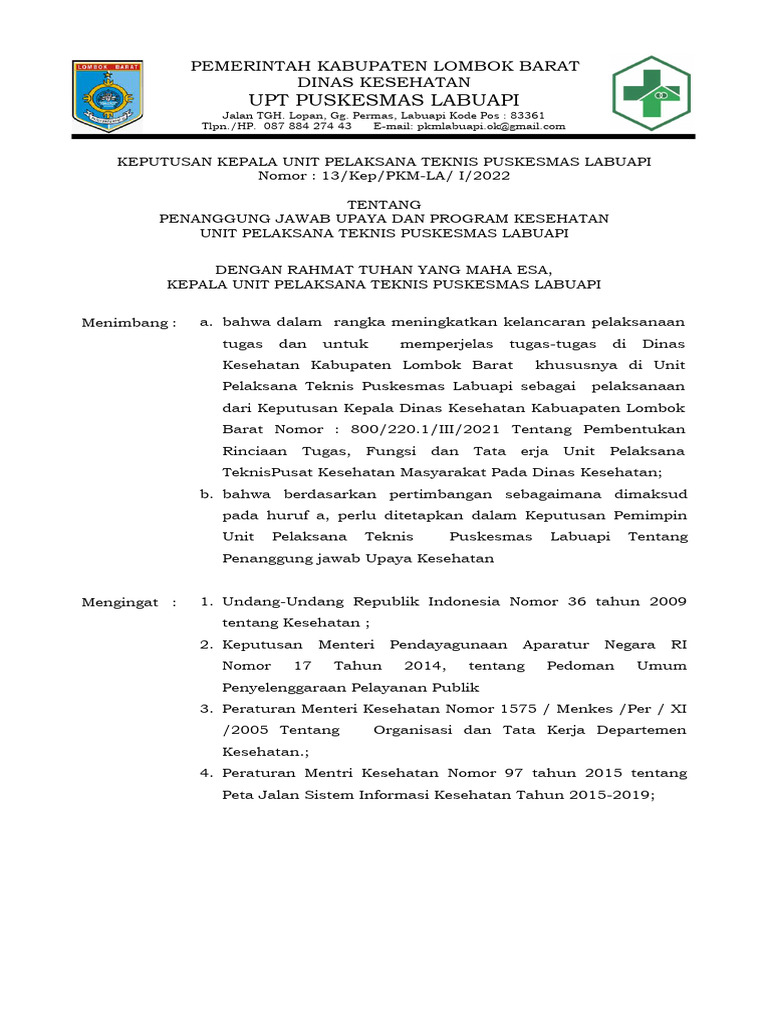 SK Penanggung Jawab Upaya Dan Program Kesehatan | PDF | Kesehatan Holistik