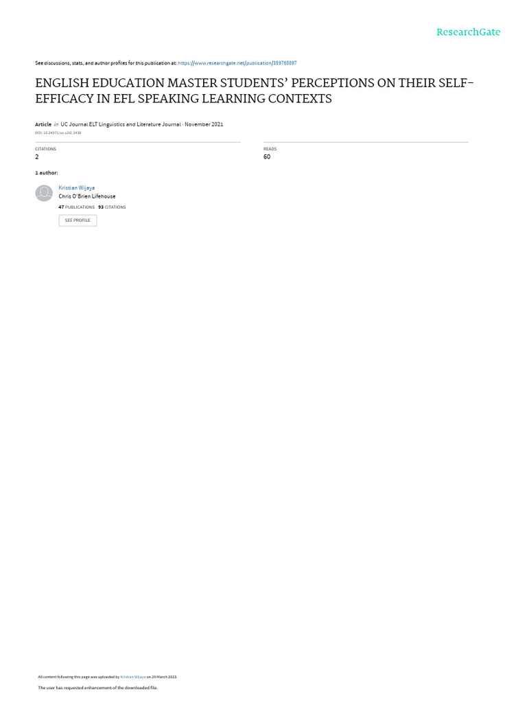 English Education Master Students' Perceptions On Their Self-Efficacy ...