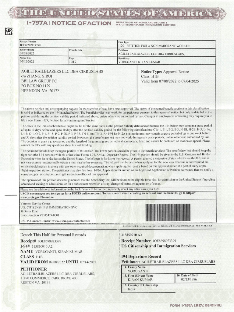 I-797 Approval Notice - Kiran Kumar Voruganti - Agiletrailblzaers ...