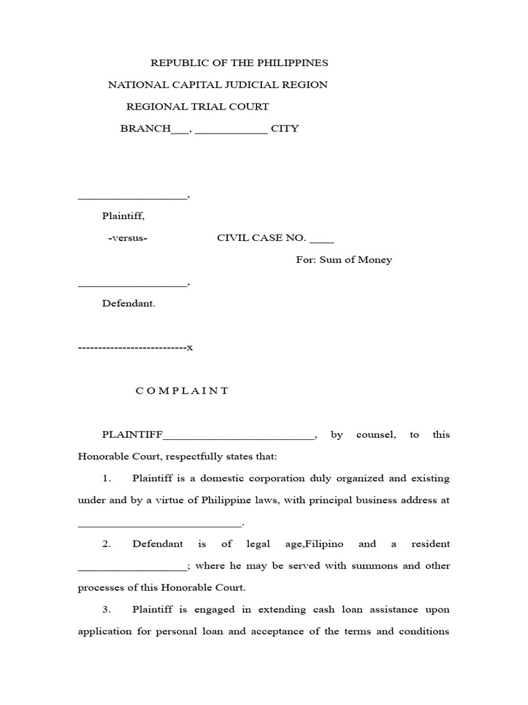 Pleading Sample (Sum of Money) | PDF | Loans | Affidavit