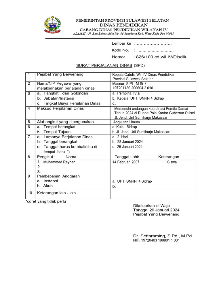Contoh Format SPD Dinas Pendidikan 2024 | PDF