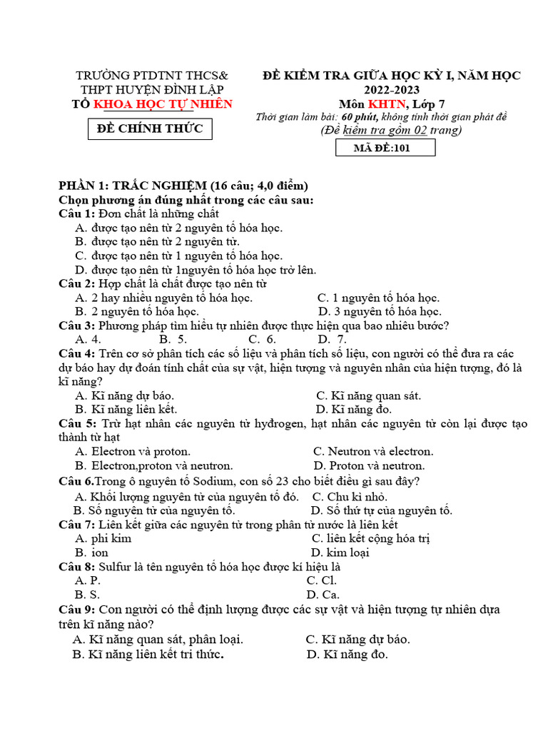 22 - 23. Khtn 7 - Gk 1 - Ptdtnt Thcs - Thpt Đình Lập | PDF