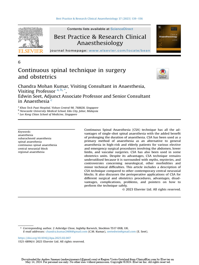 Continuous spinal technique in surgery and obstetrics | PDF | Anesthesia | Childbirth