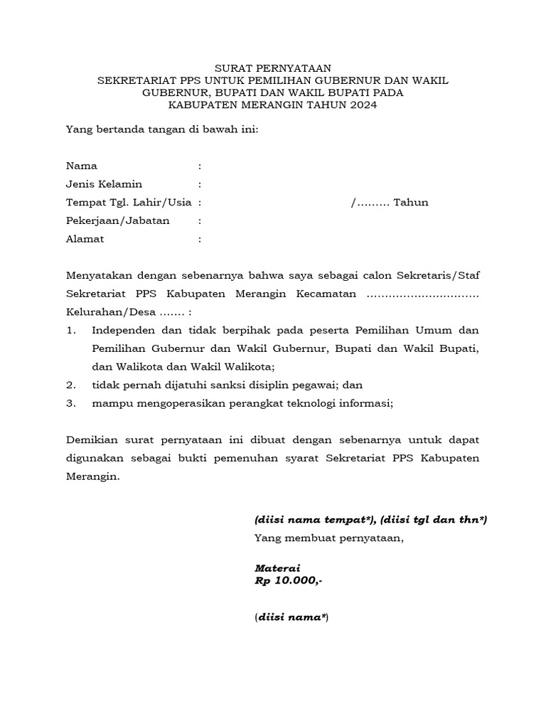Surat Pernyataan Calon Sekretaris PPS Merangin | PDF