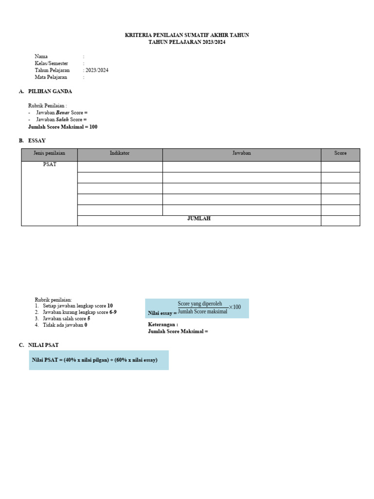 Kriteria Penilaian PSAT 2023/2024 | PDF | Metode & Bahan Ajar