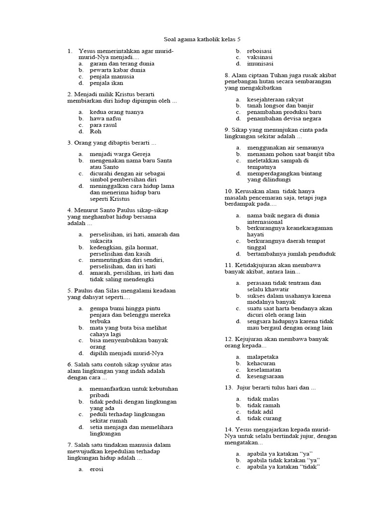 SOAL KENAIKAN KELAS AGAMA KATHOLIK KELAS 5 KK 13 | PDF