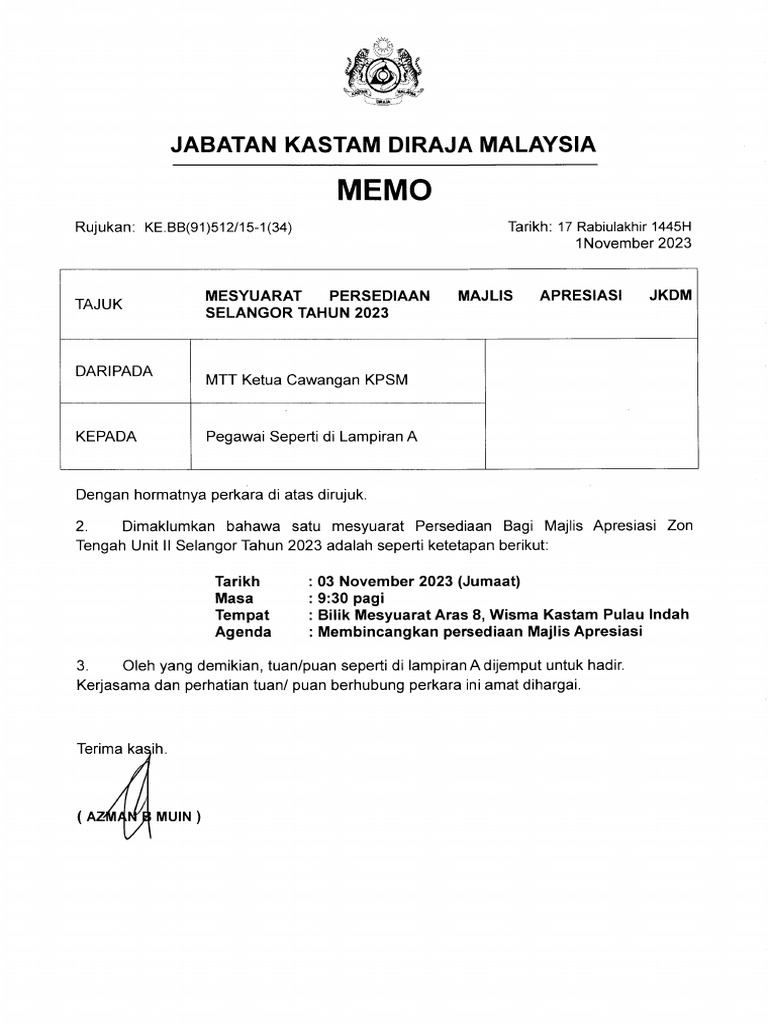Mesyuarat Persediaan Majlis Apresiasi JKDM Selangor Tahun 2023 | PDF