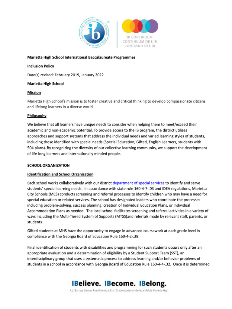 Mhs Ib Inclusion Policy Sy21-22 | PDF