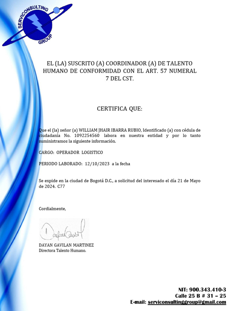 El (La) Suscrito (A) Coordinador (A) de Talento Humano de Conformidad ...