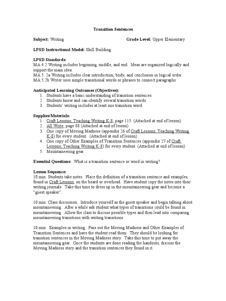 Transition Sentences Lesson | PDF | Sentence (Linguistics) | Word